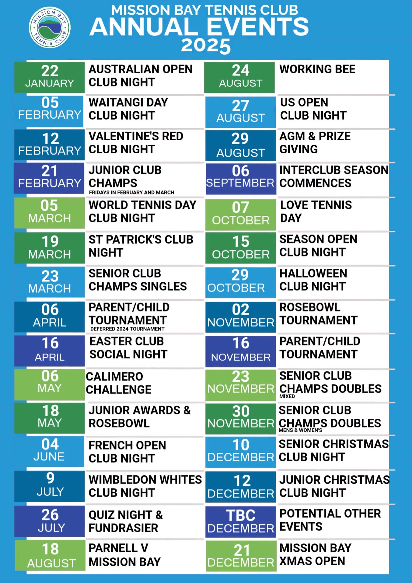 Major Events Calendar | Mission Bay Tennis Club